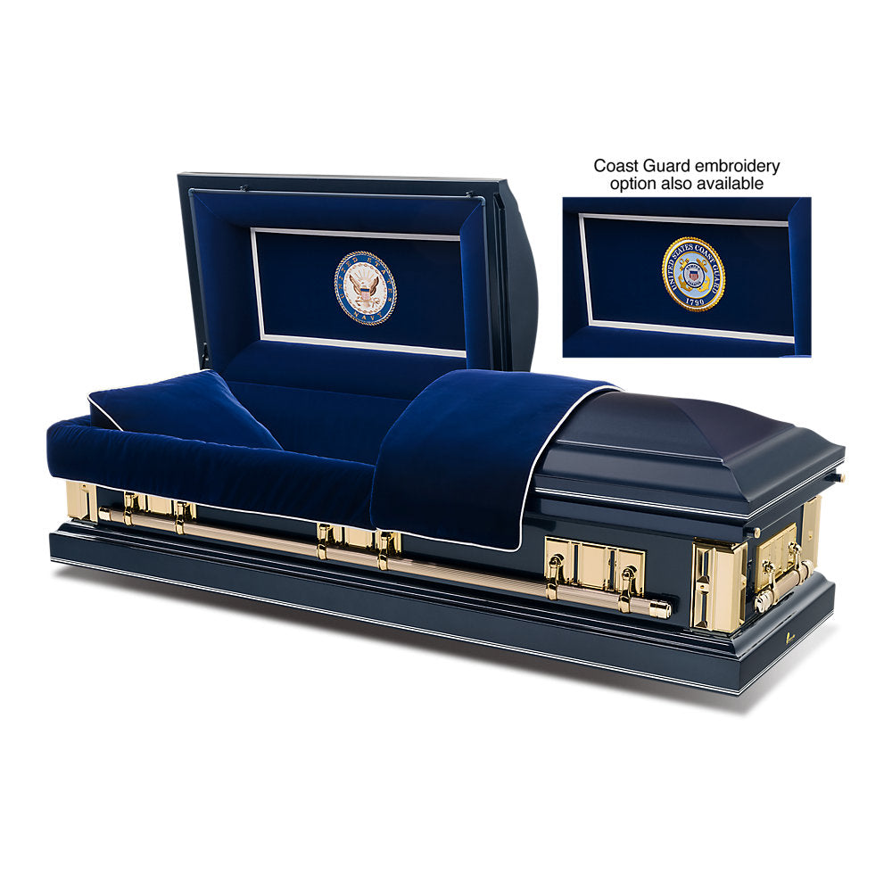 Batesville Neopolitan Blue Veteran Half Couch Casket – Solace Caskets